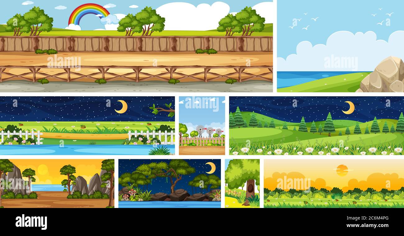 Set of different nature place scene in vertical and horizon scenes at ...