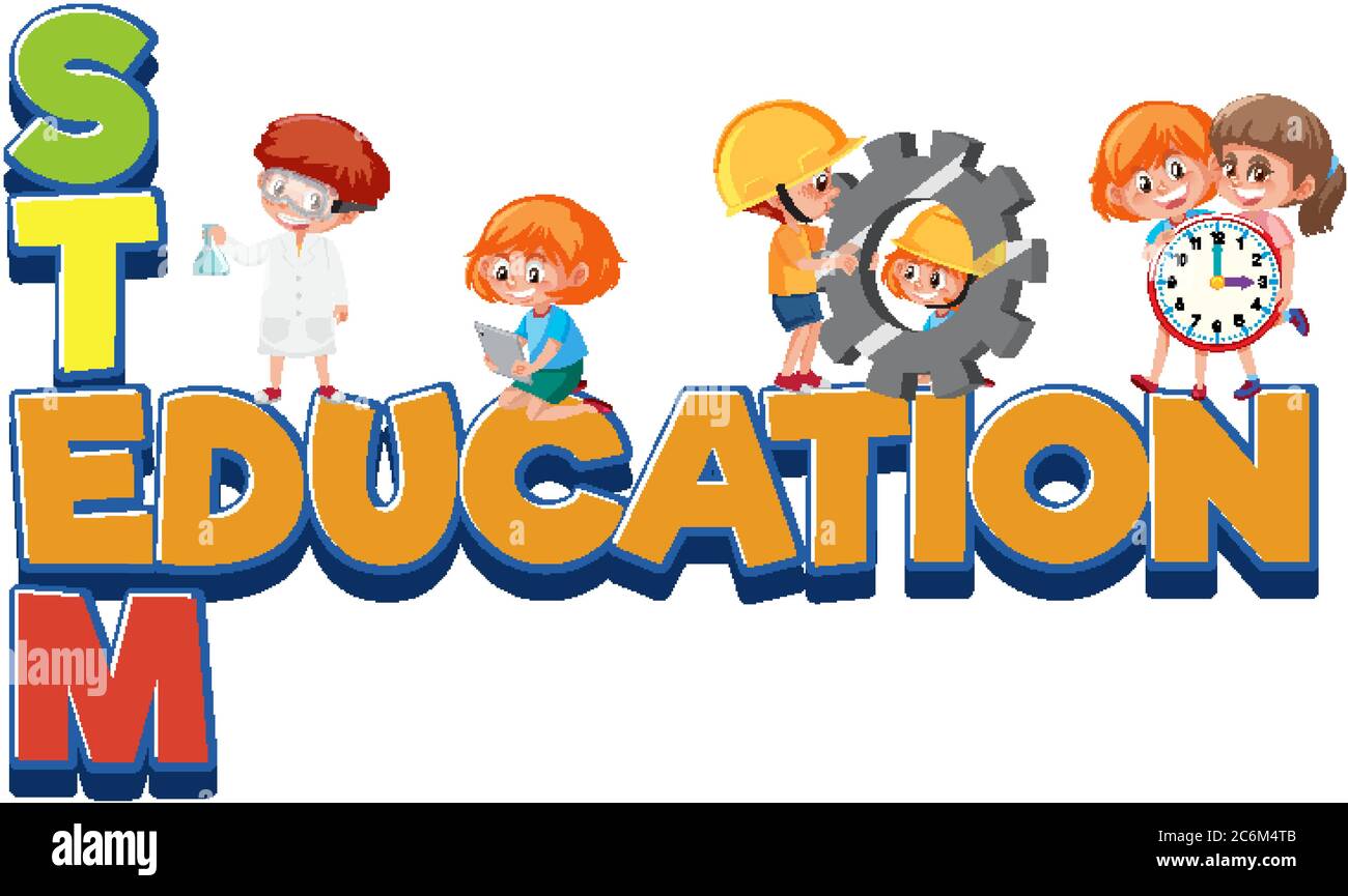 Stem education logo with kids wearing engineer costume isolated ...
