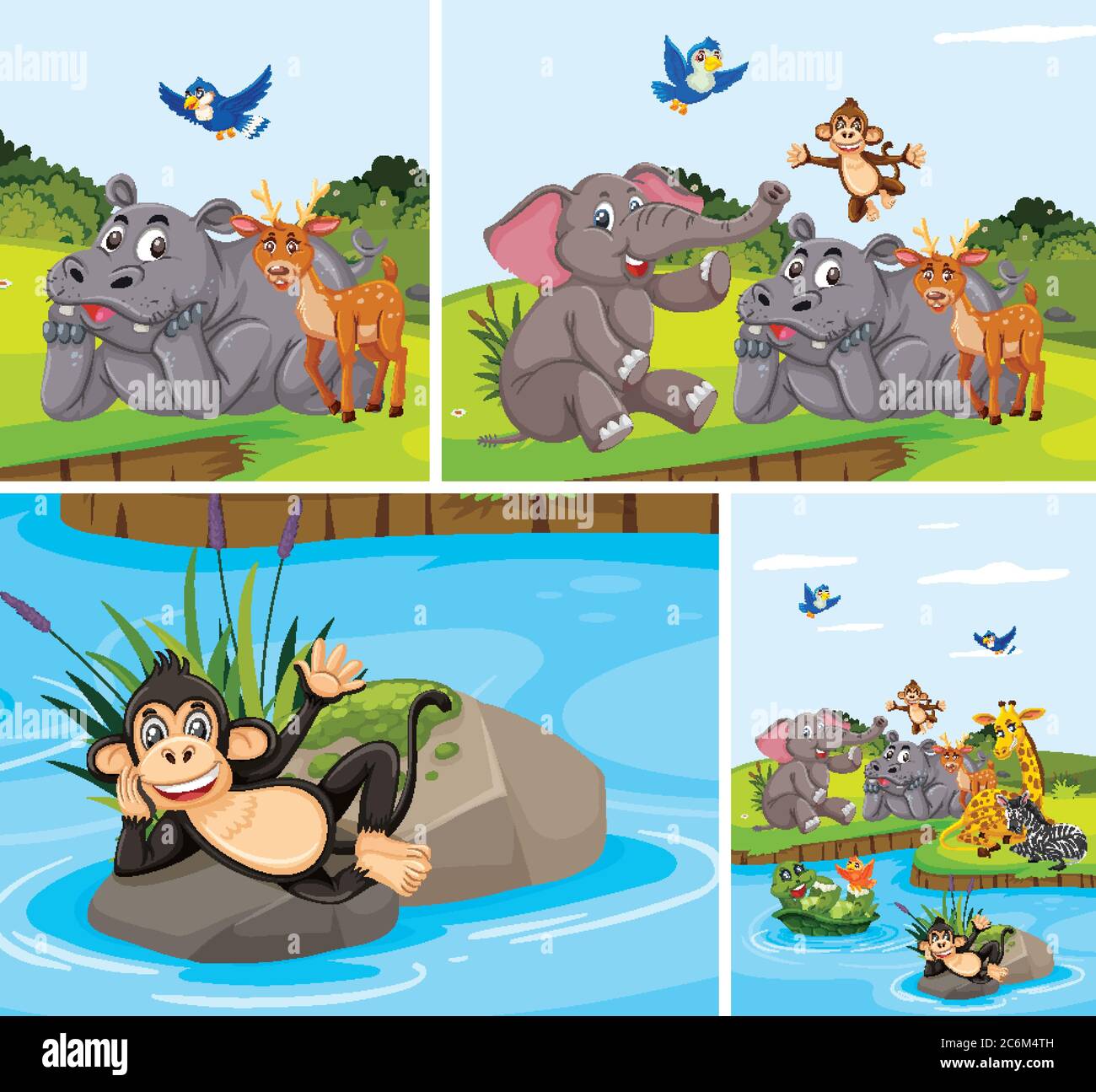 Set of happy wild animal in nature background illustration Stock Vector ...