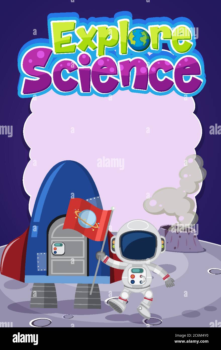 Explore science logo with blank banner and astronaut with space objects ...