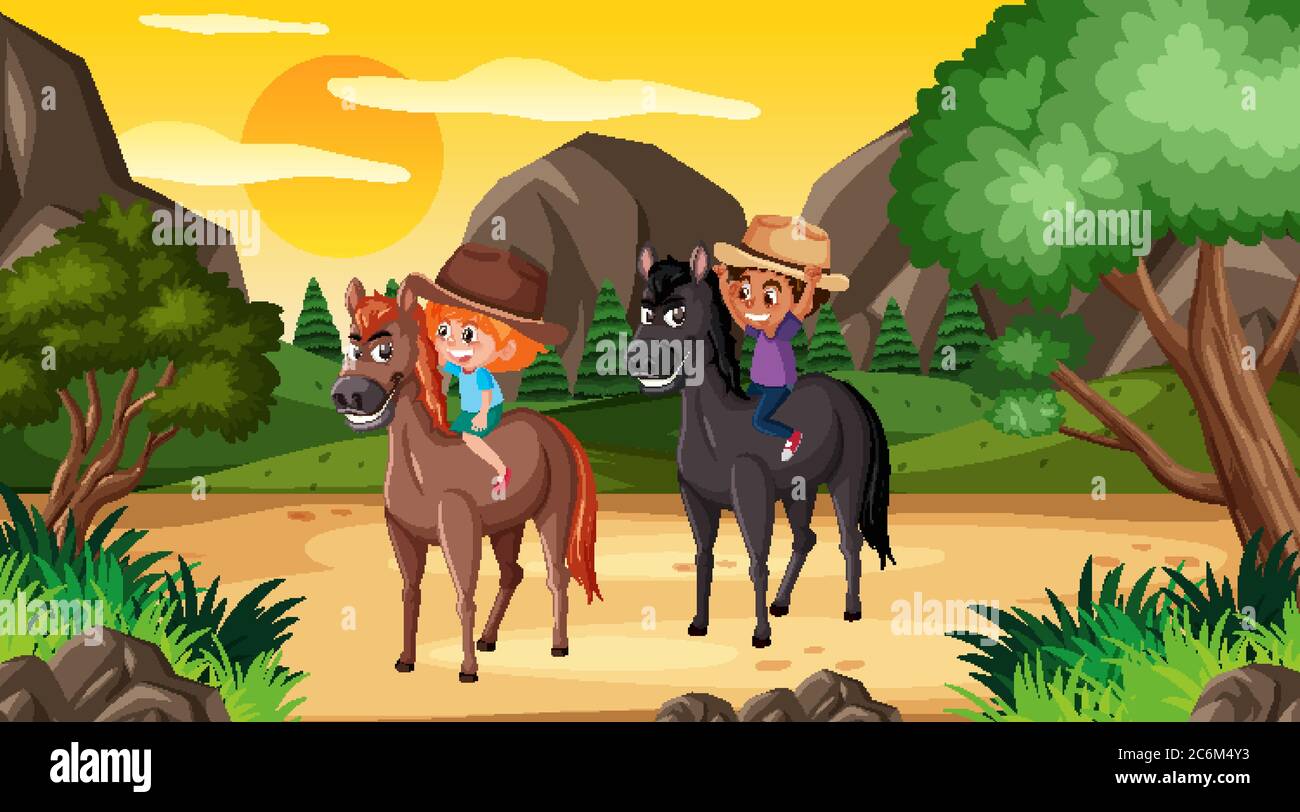 Scene with two kids riding horses in the woods illustration Stock ...