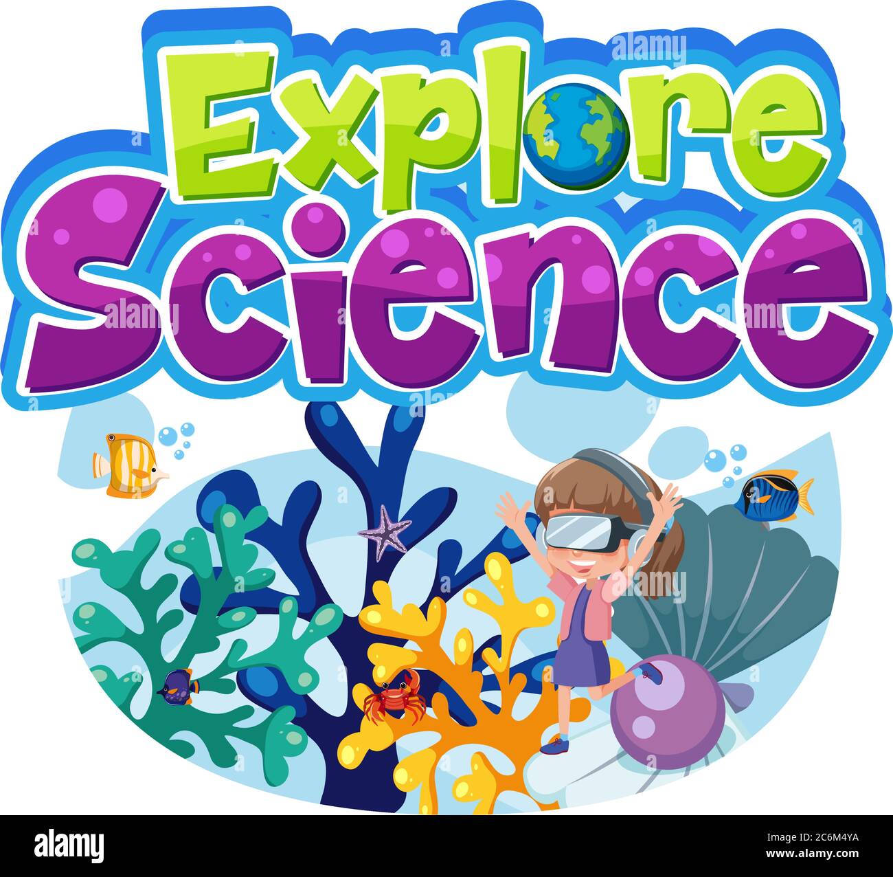 Explore science logo with girl and undersea isolated illustration Stock ...