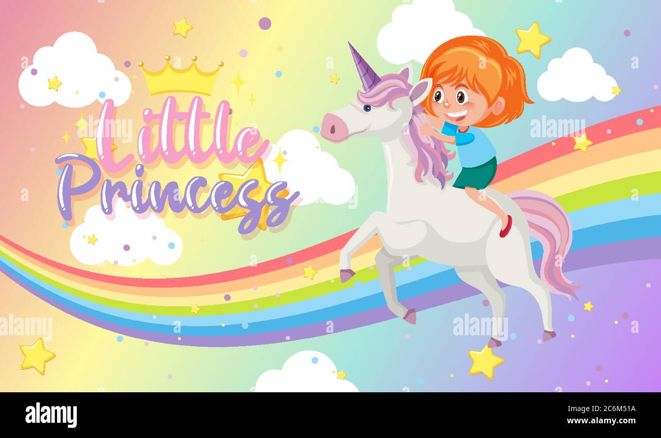 Little princess logo with girl riding on unicorn on blank rainbow ...