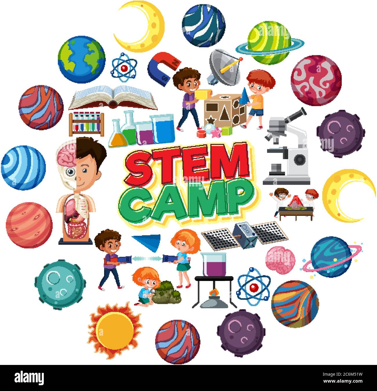 Science camp logo with many planets in circle shape isolated ...