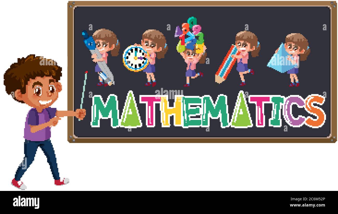 Mathematics logo on blackboard with cute boy isolated illustration ...