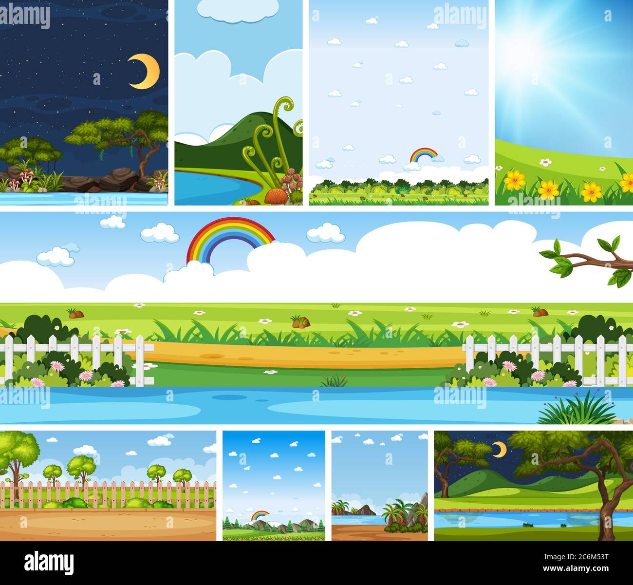 Set of different nature place scene in vertical and horizon scenes at ...