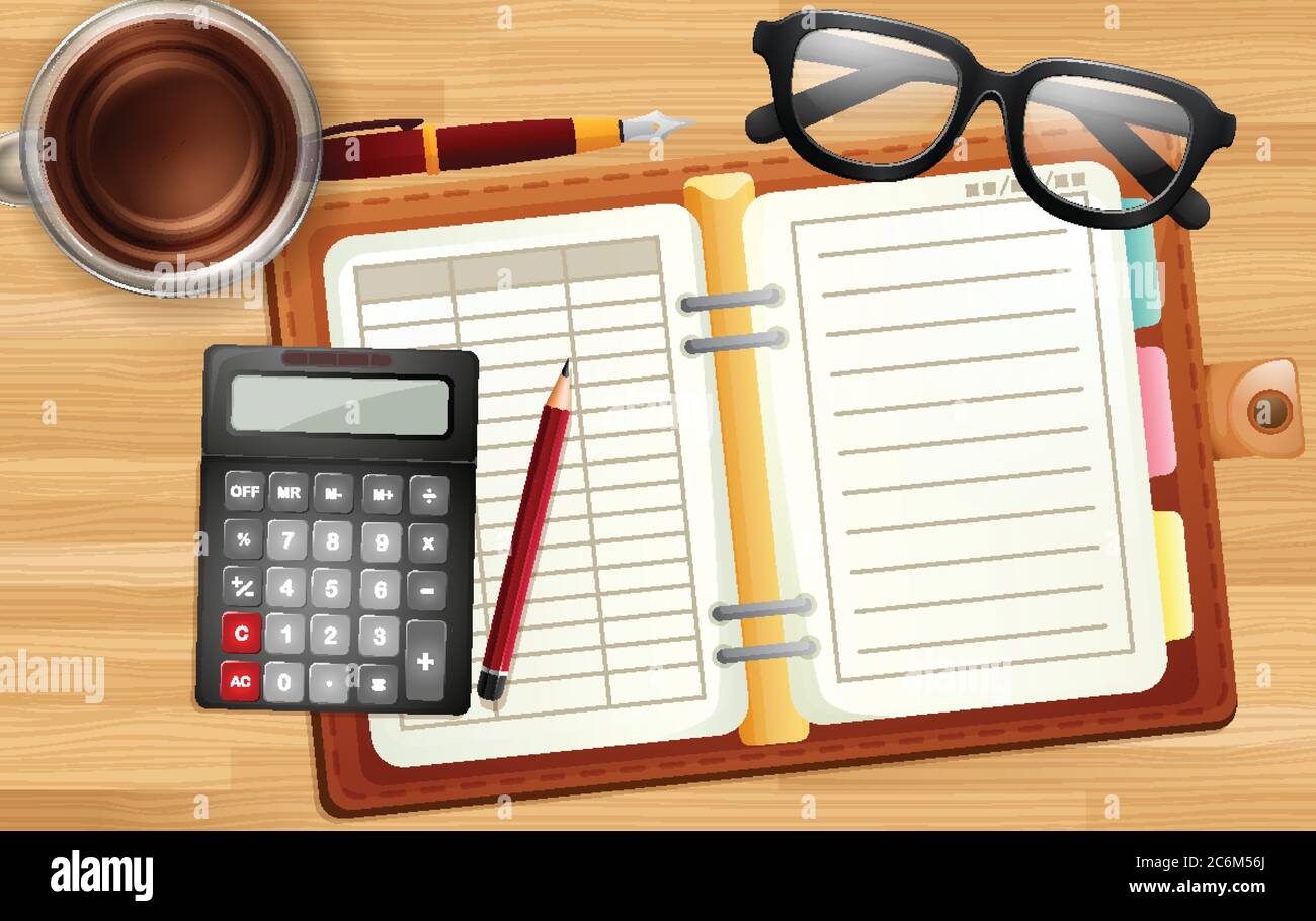 Office desk close up with notebook and calculator and coffee cup ...