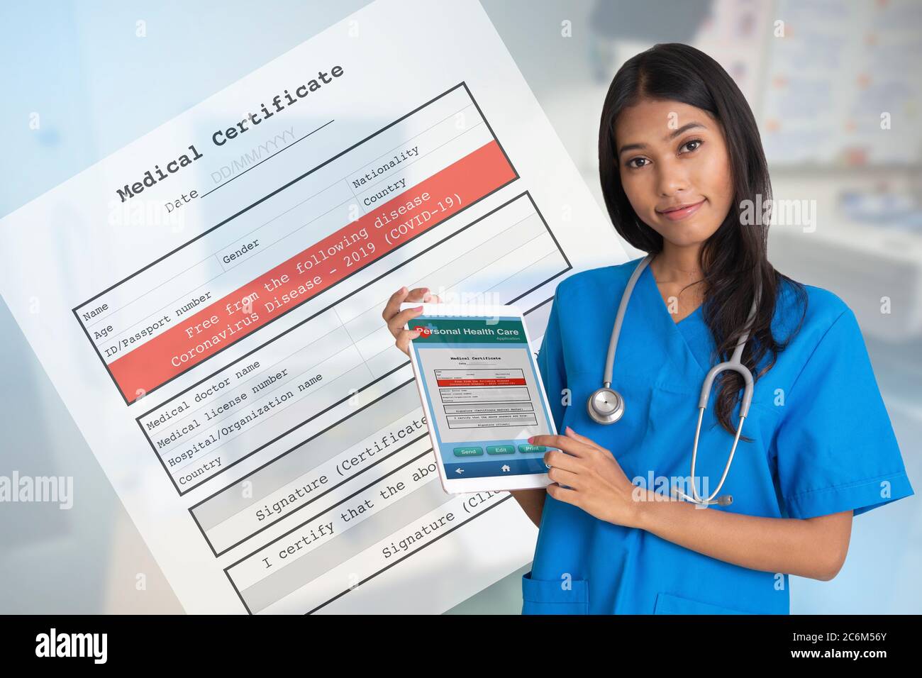 Female doctor holding digital tablet that show covid-19 medical ...