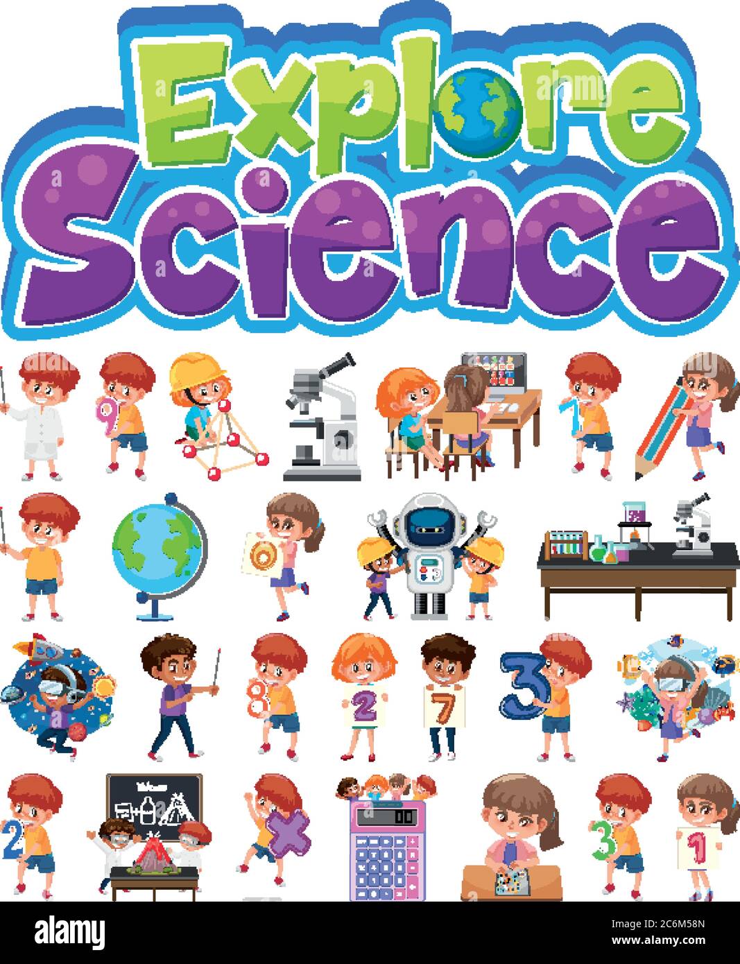 Explore science logo and set of children with education objects ...
