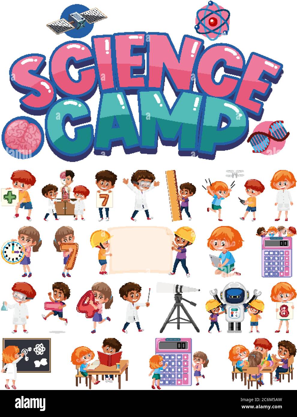 Science camp logo and set of children with education objects isolated ...