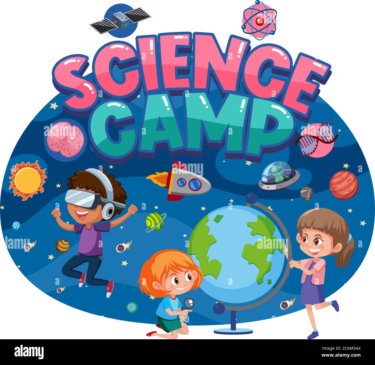 Science camp logo with kids and space objects in space isolated ...