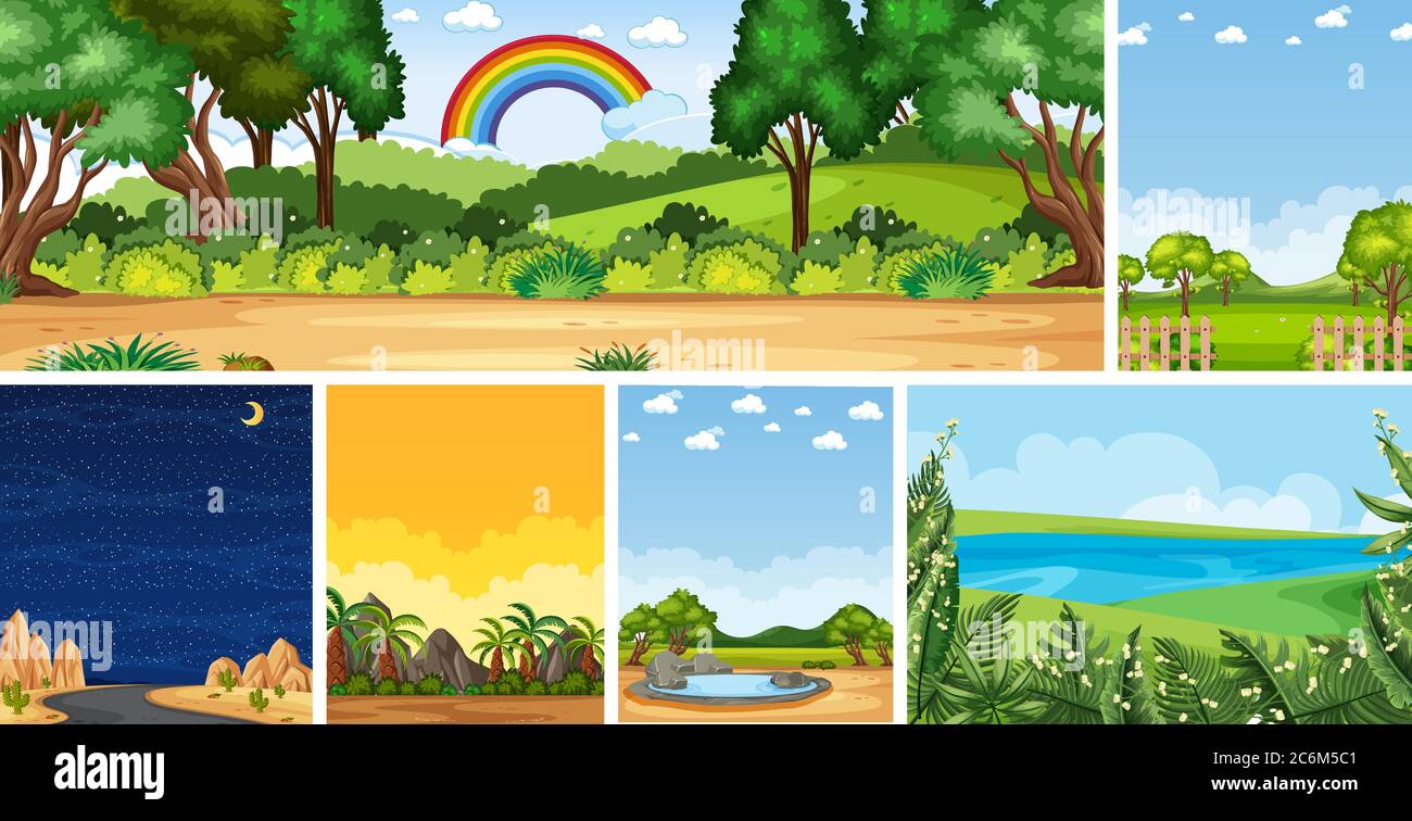 Set of different nature place scene in vertical and horizon scenes at ...