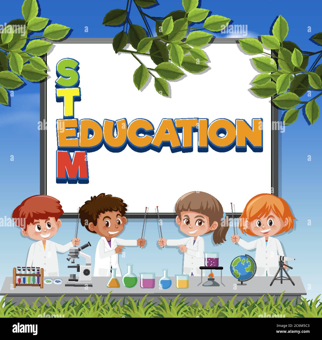 Stem education logo and kids wearing scientist costume illustration ...