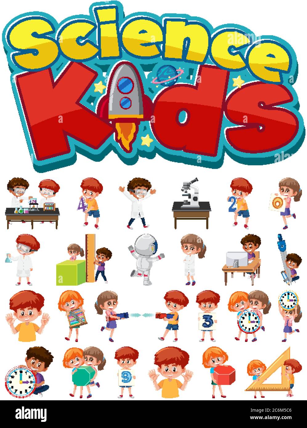 Science kids logo and set of children with education objects isolated ...