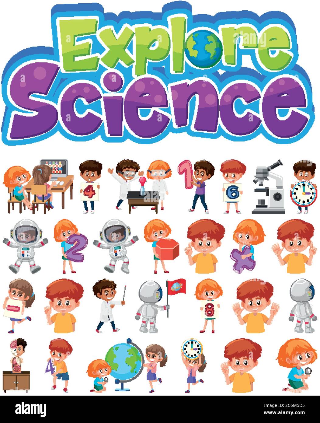 Explore science logo and set of children with education objects ...