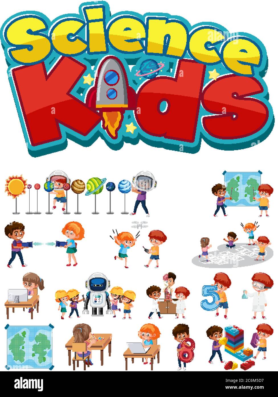 Science kids logo and set of children with education objects isolated ...