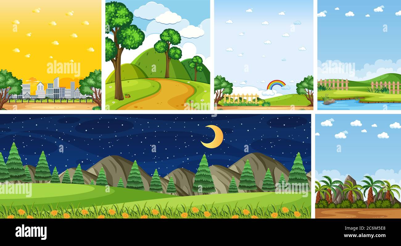 Set of different nature place scene in vertical and horizon scenes at ...