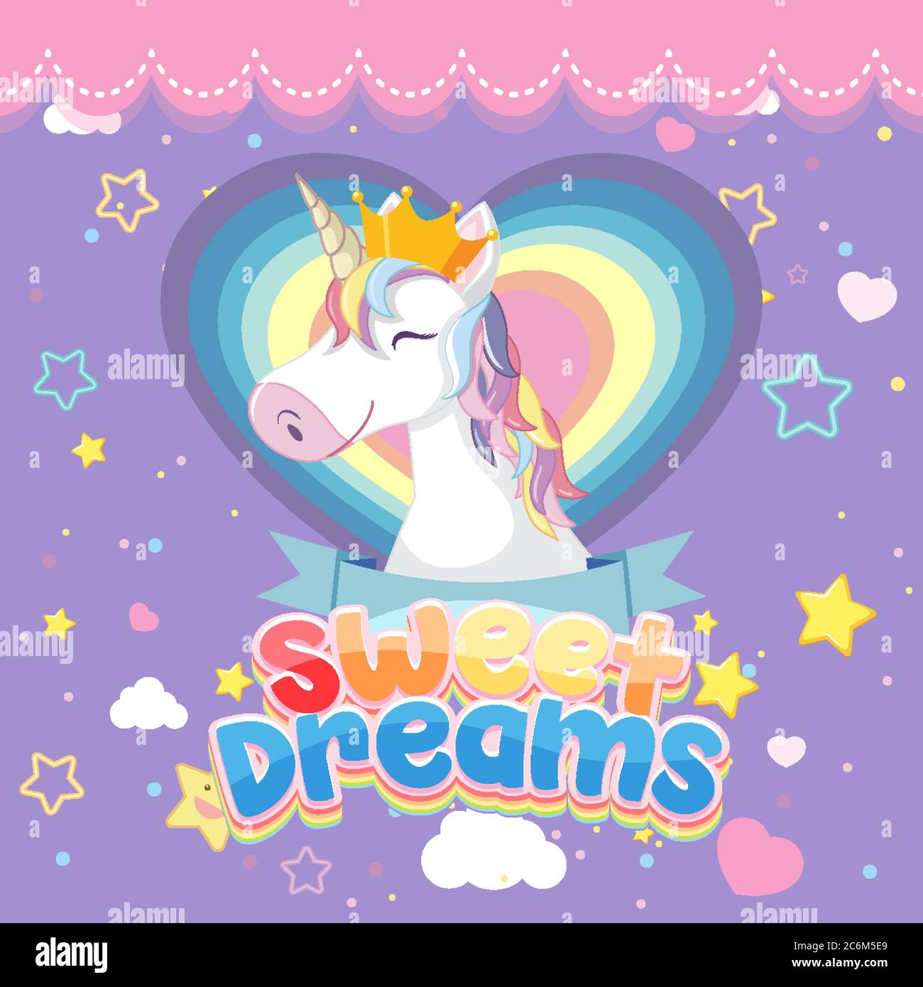 Sweet dreams logo with cute unicorn head on purple background ...