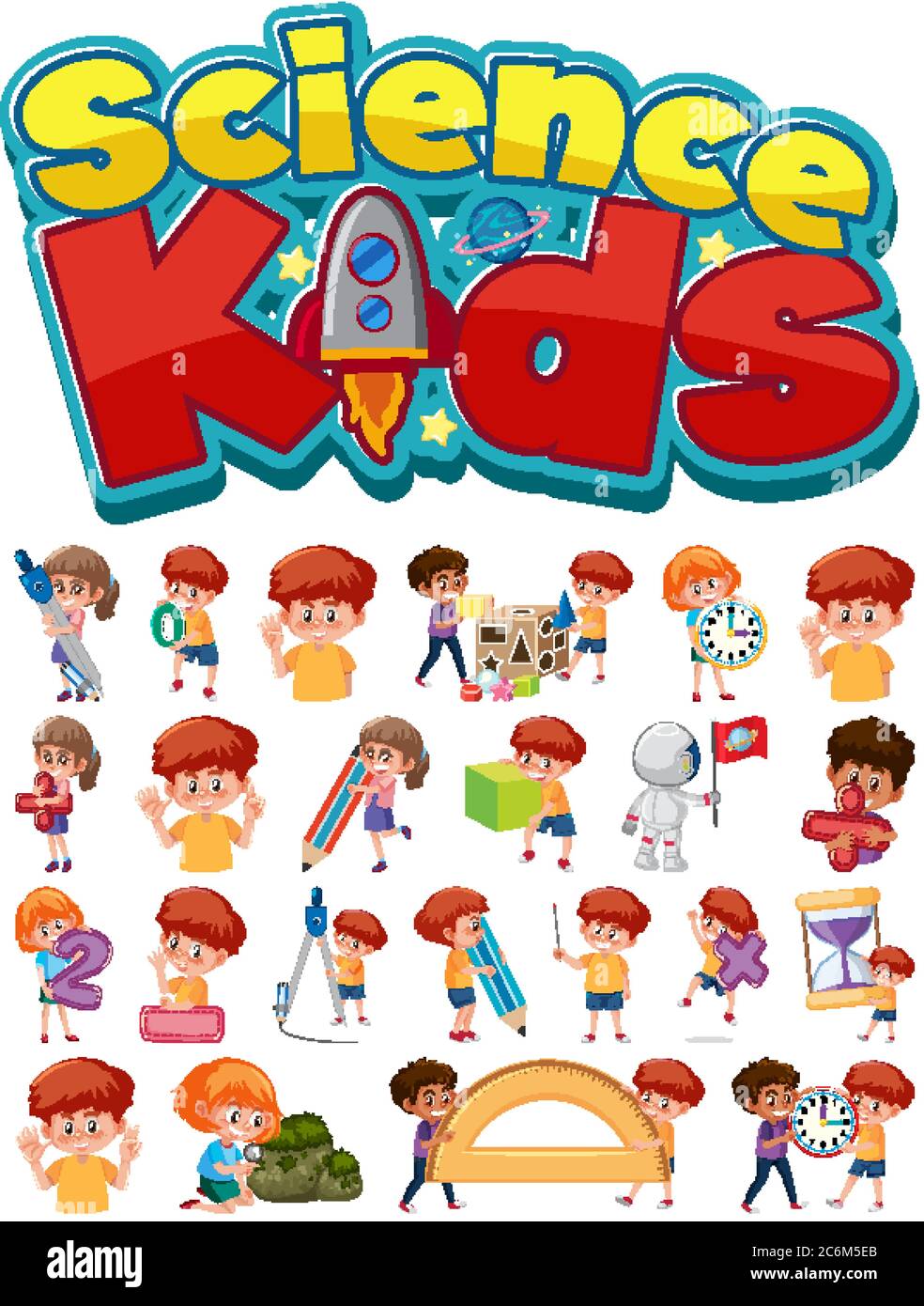 Science kids logo and set of children with education objects isolated ...