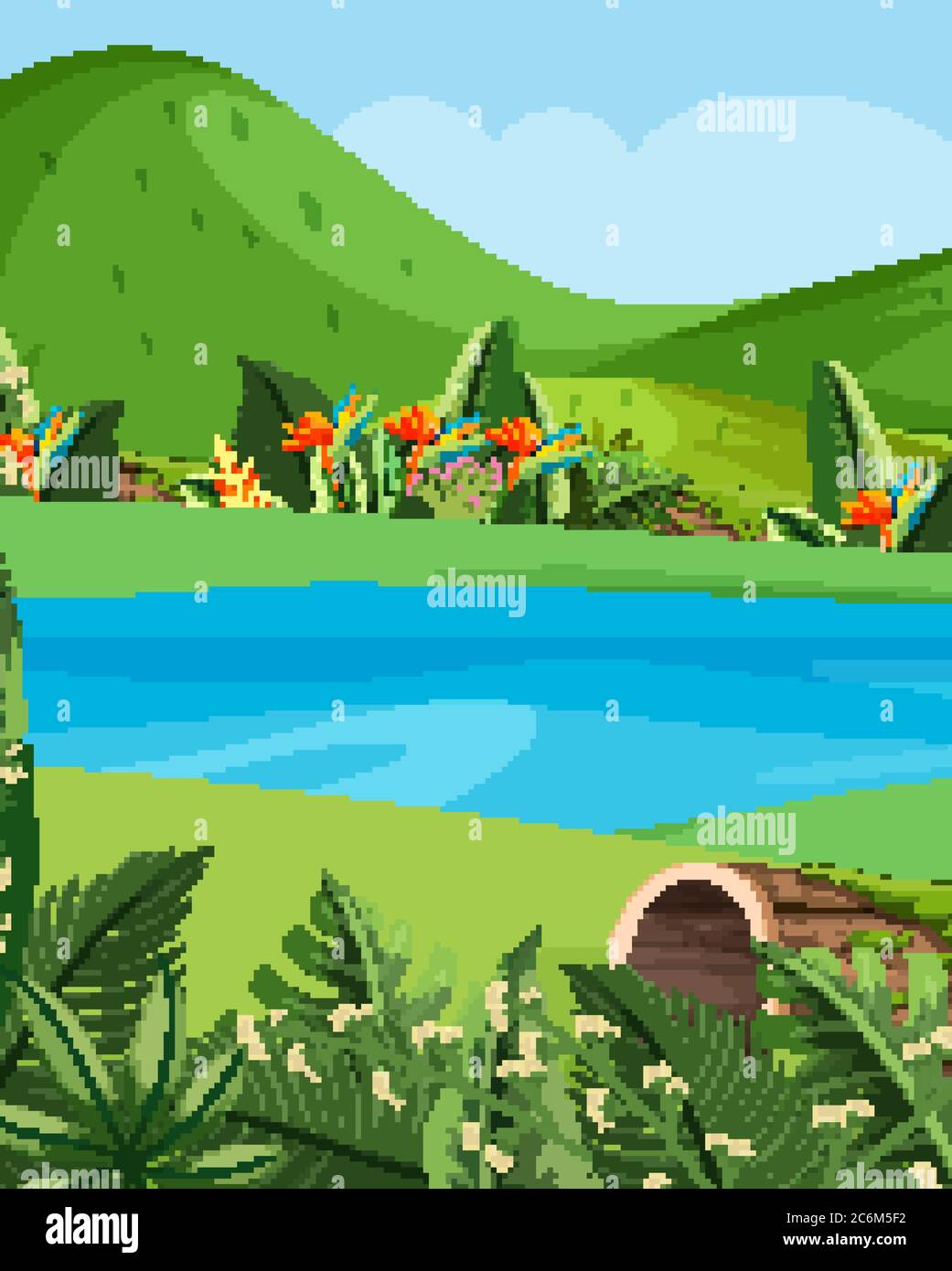 Empty nature scenes with green mountain and river illustration Stock ...