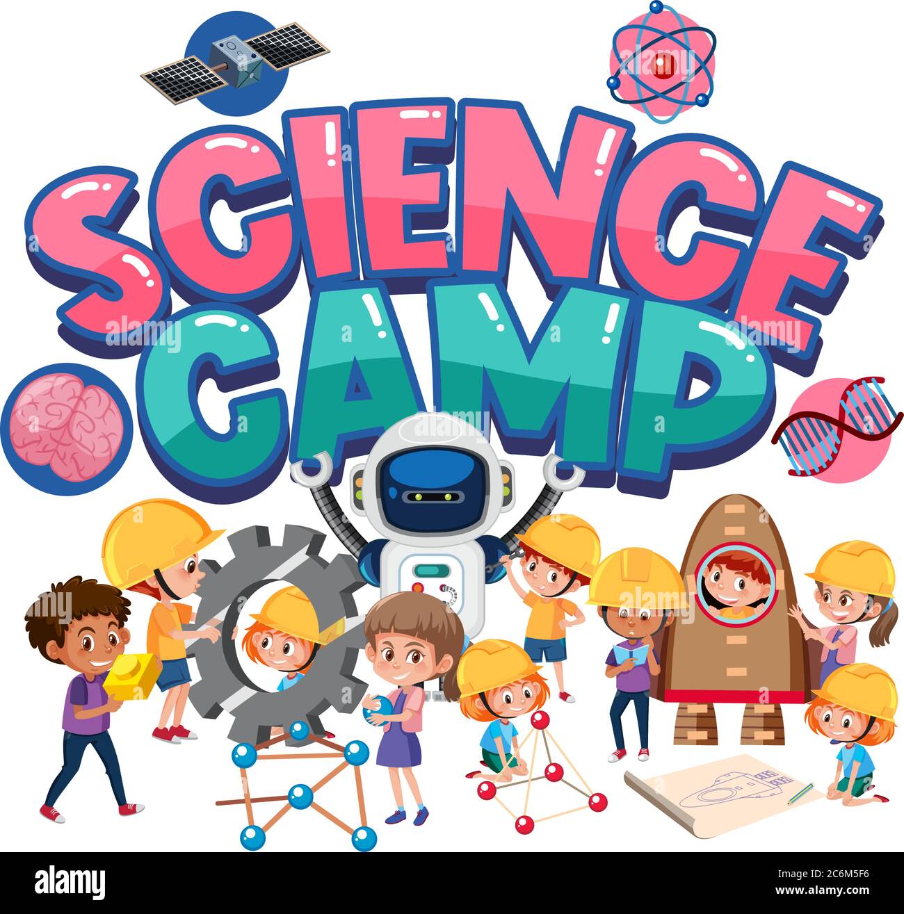 Science camp logo with children wearing engineer costume isolated ...