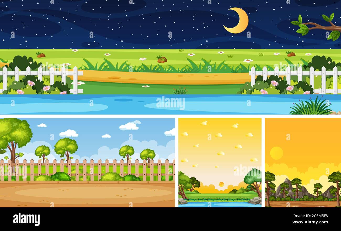 Set of different nature place scene in vertical and horizon scenes at ...