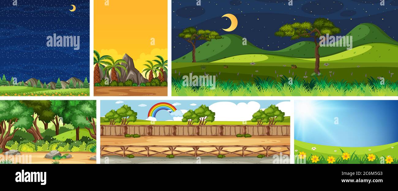 Set of different nature place scene in vertical and horizon scenes at ...