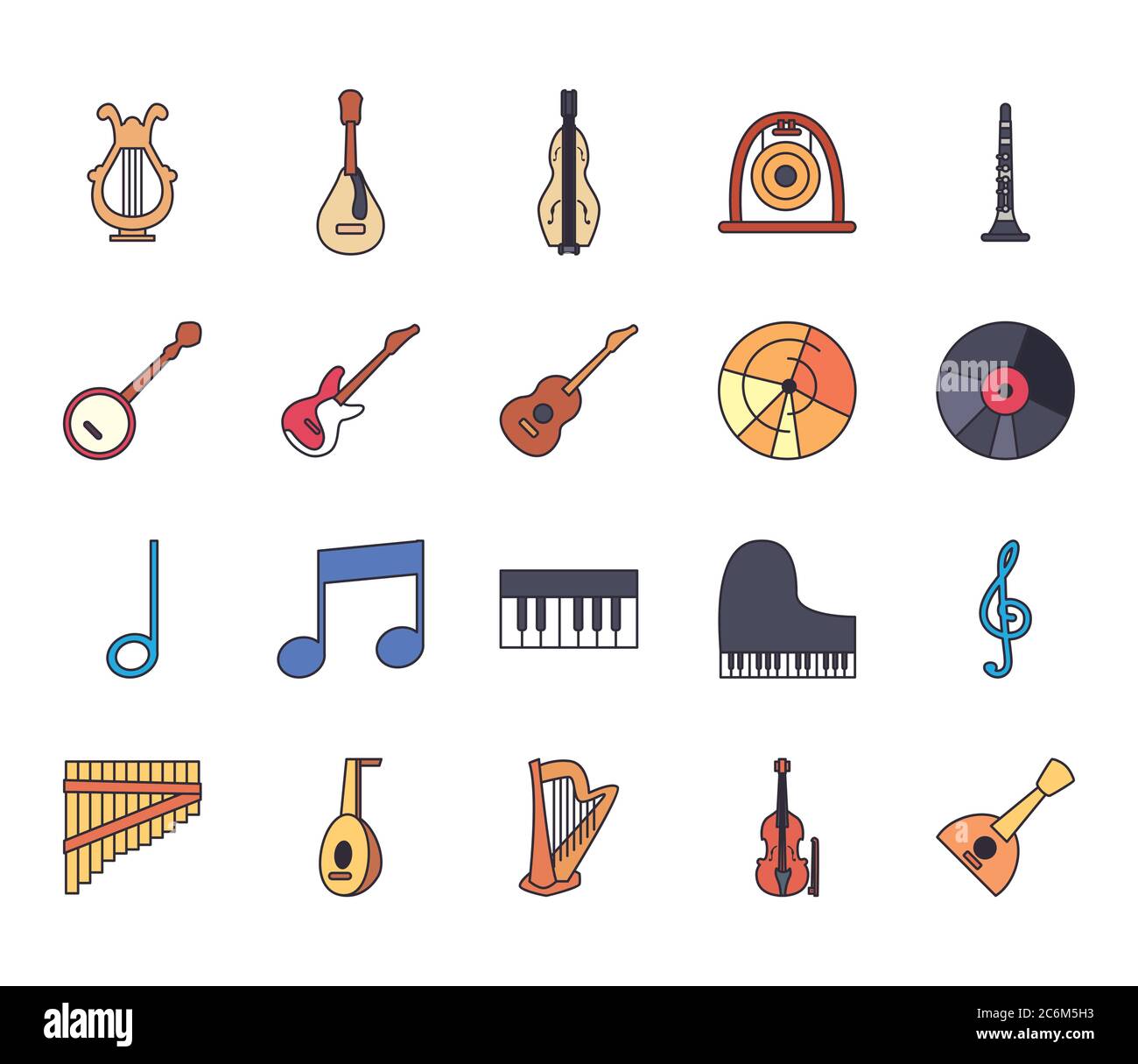 line and fill style icon set design, Music instruments sound melody ...