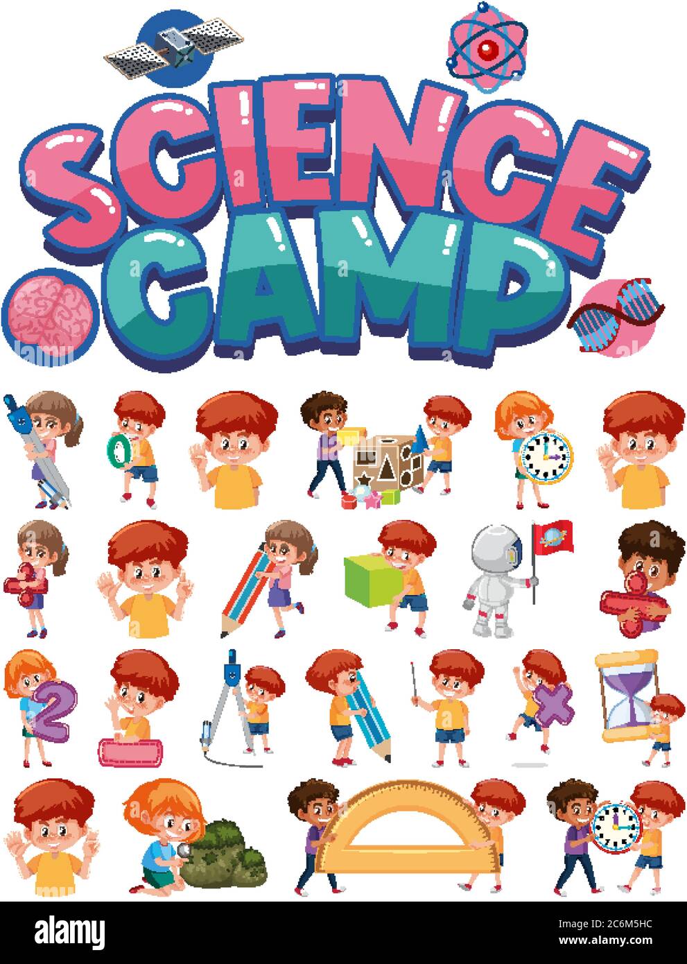 Science camp logo and set of children with education objects isolated ...