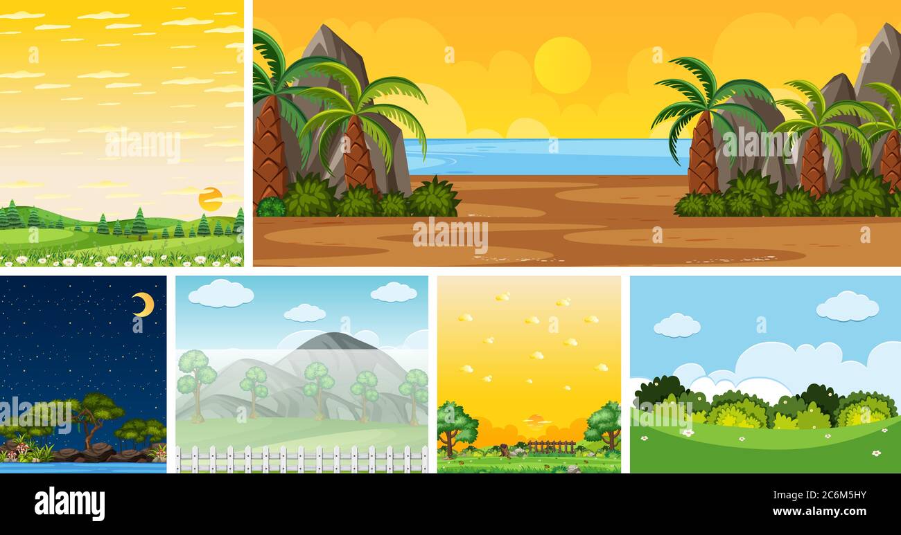 Set of different nature place scene in vertical and horizon scenes at ...