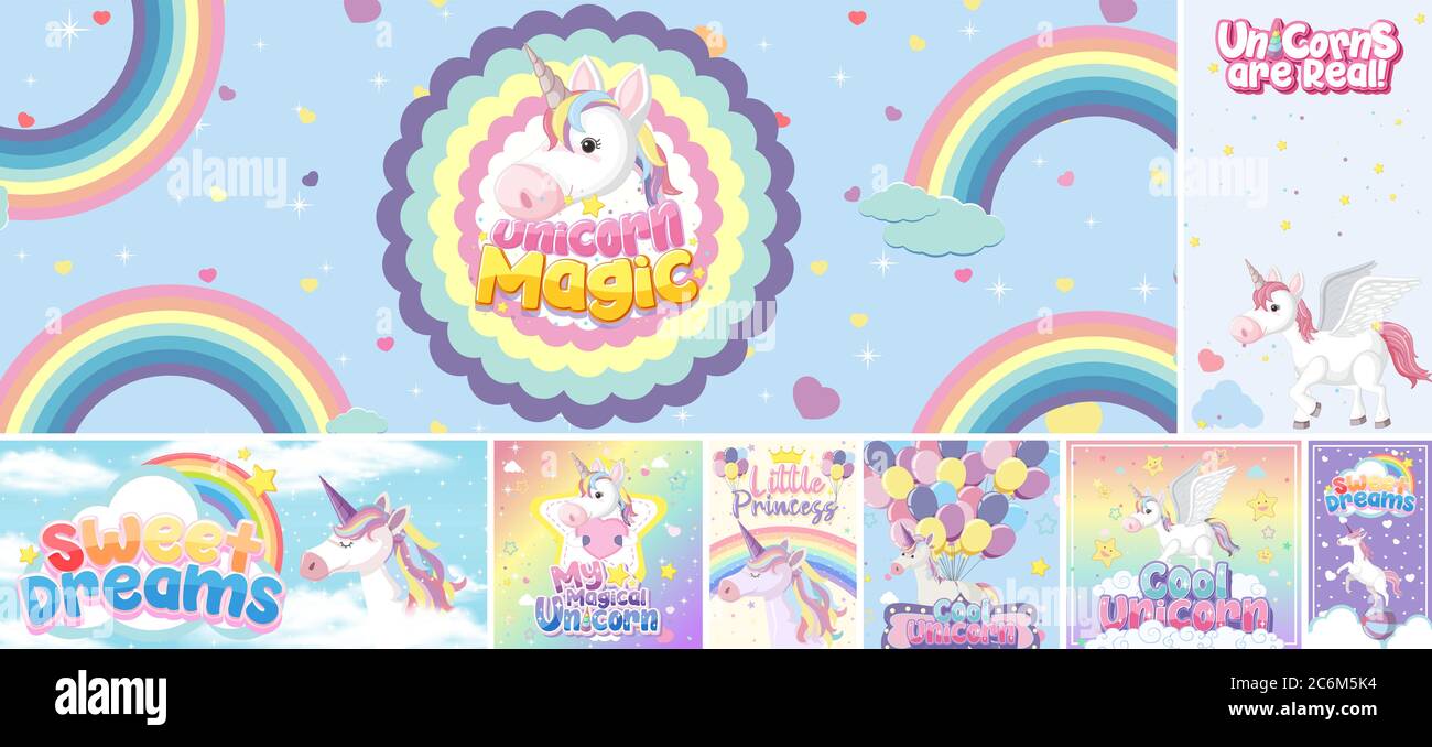 Cute unicorn banner on pastel background color illustration Stock ...