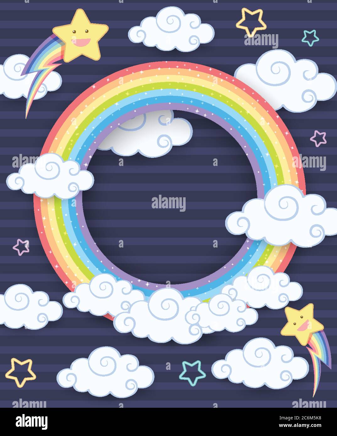 Rainbow round frame with many clouds on night background illustration ...