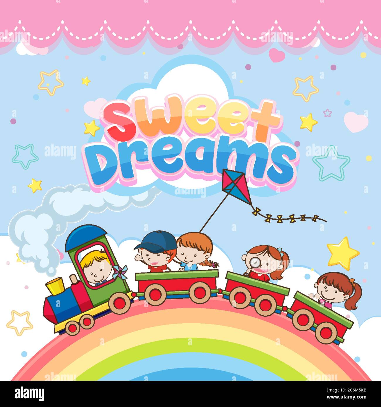 Sweet dreams logo with kids in toy train and rainbow in the sky on ...