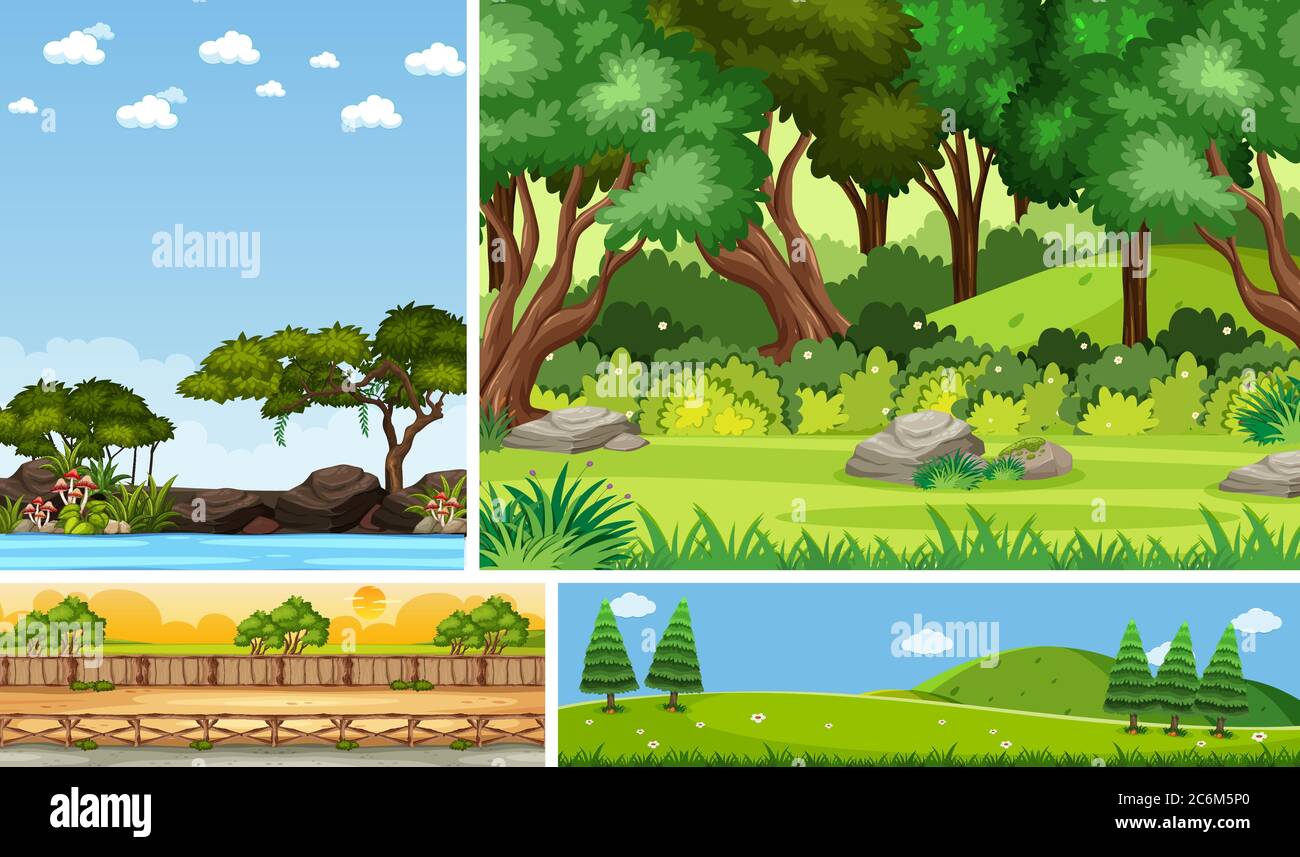 Set of different nature place scene in vertical and horizon scenes at ...