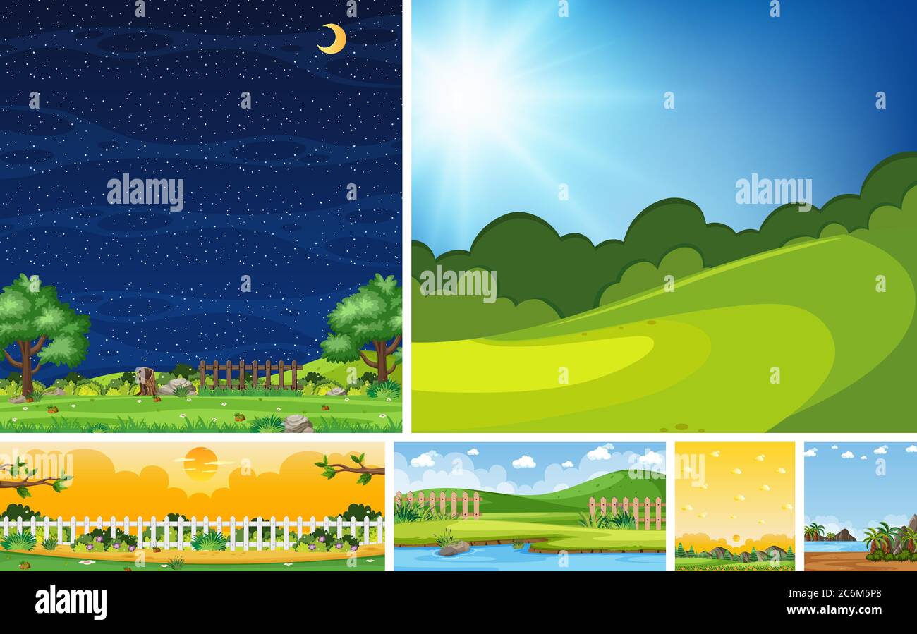 Set of different nature place scene in vertical and horizon scenes at ...