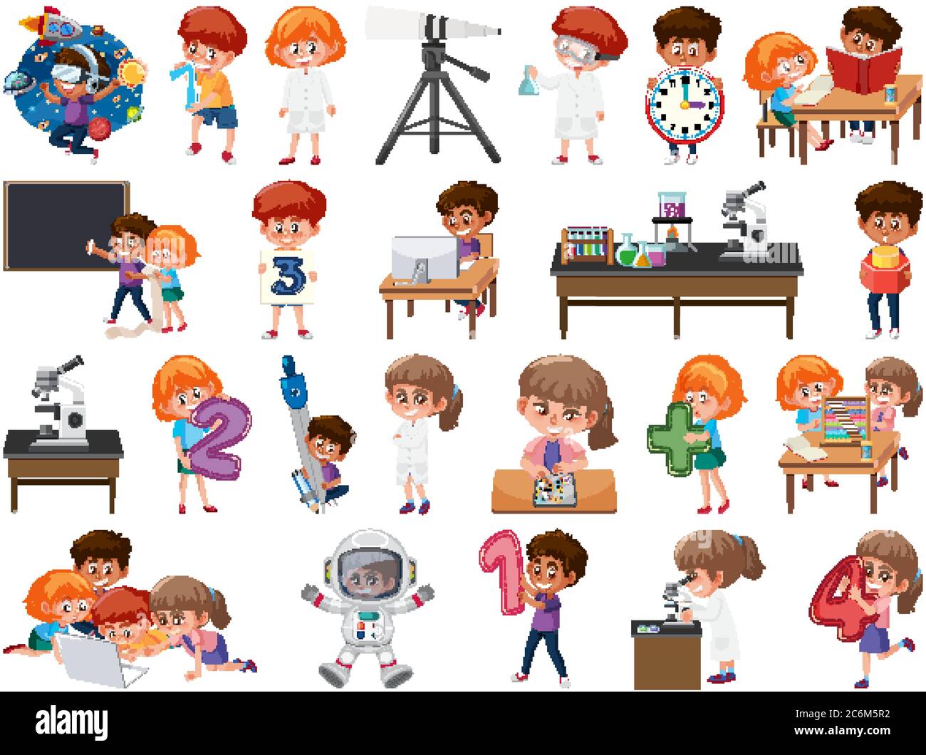 Set of children with education objects isolated illustration Stock ...
