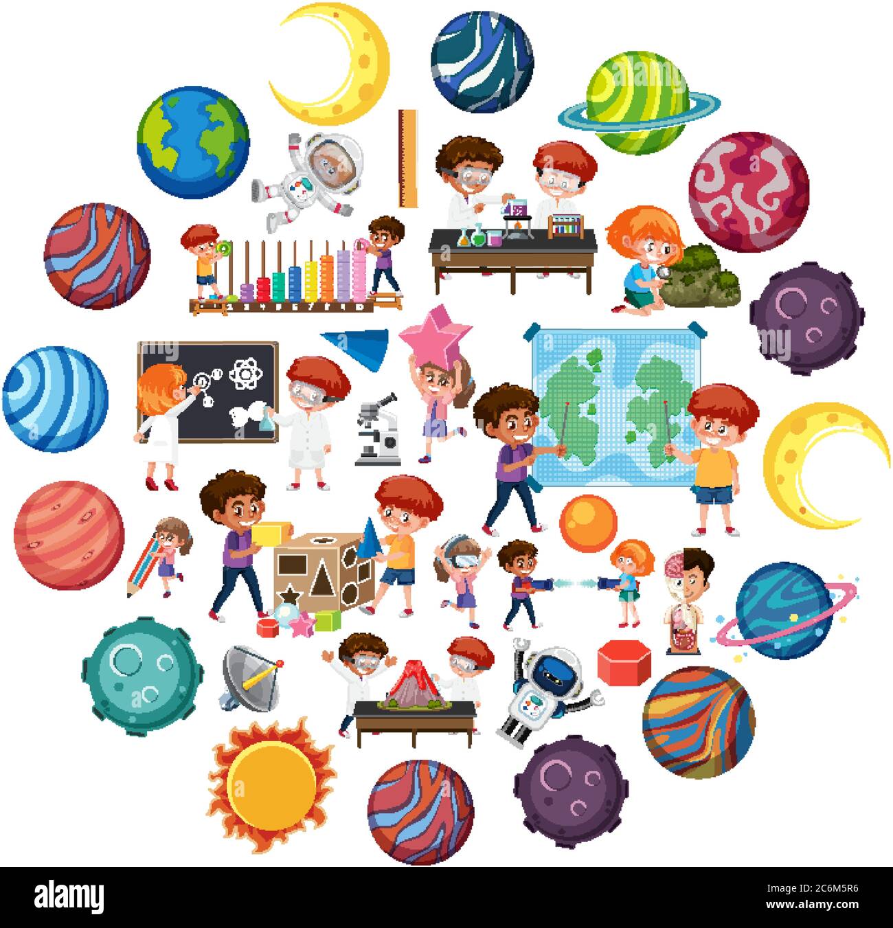 Set of children with science education objects isolated illustration ...