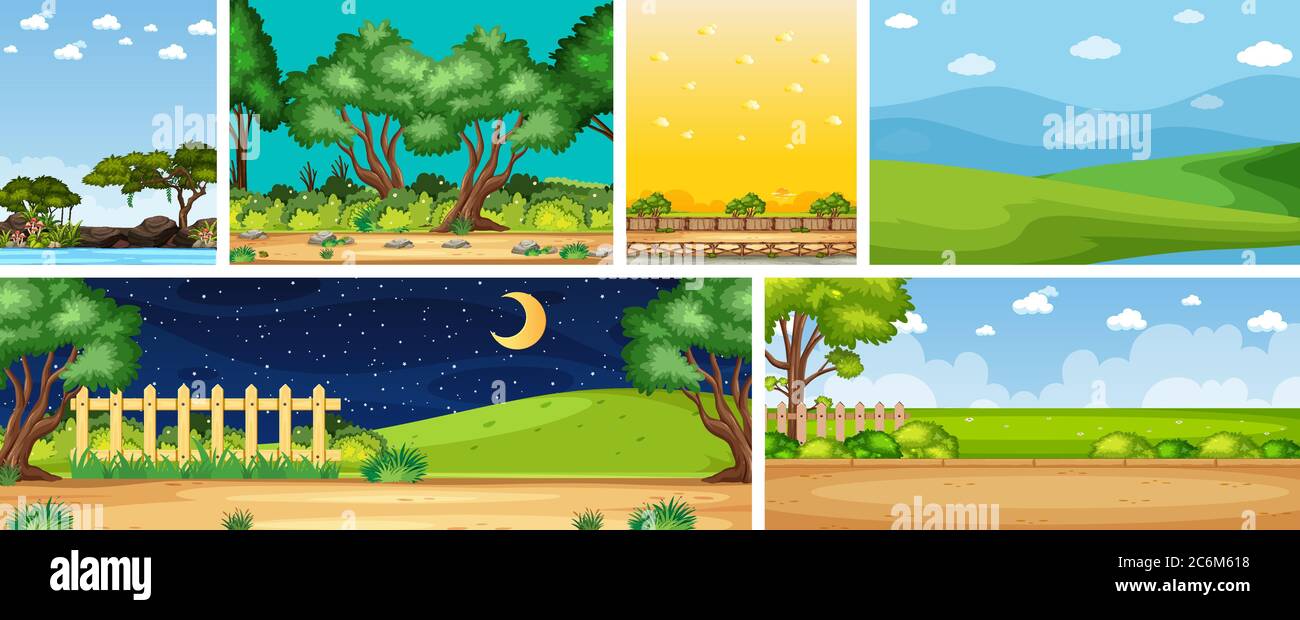 Set of different nature place scene in vertical and horizon scenes at ...