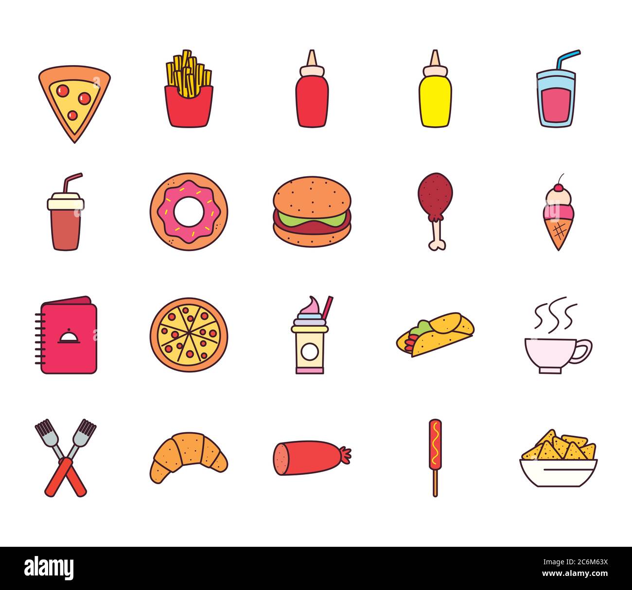 line and fill style icon set design, fast food eat restaurant and menu ...