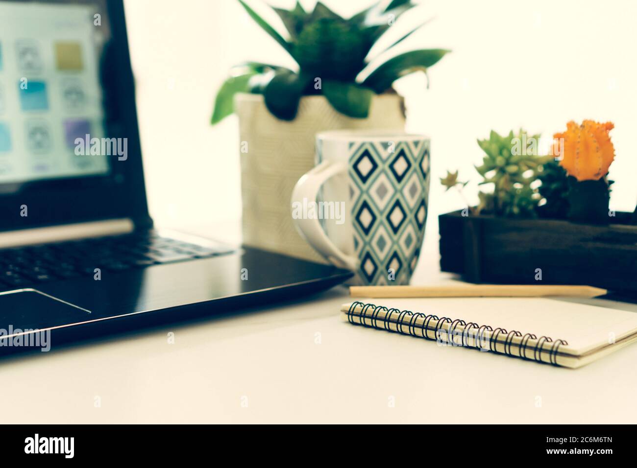Blank white copyspace with on marble desk work space white tone color ...