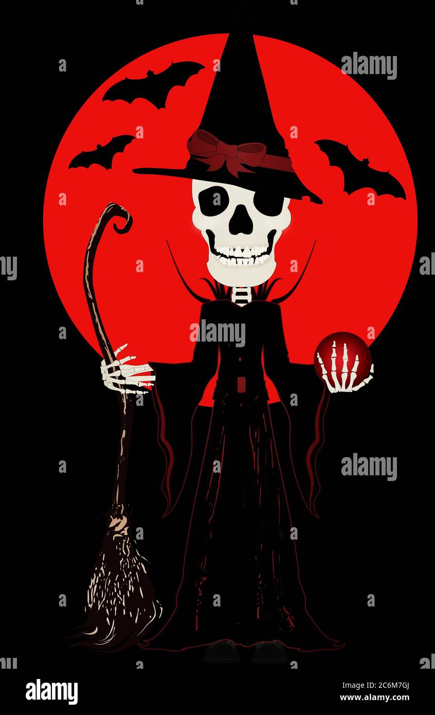 Skeleton Witch with Broom and Magic Orb Stock Photo - Alamy