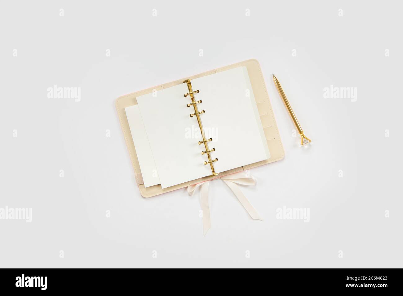 Female diary white and beige with satin ribbons on a white background ...