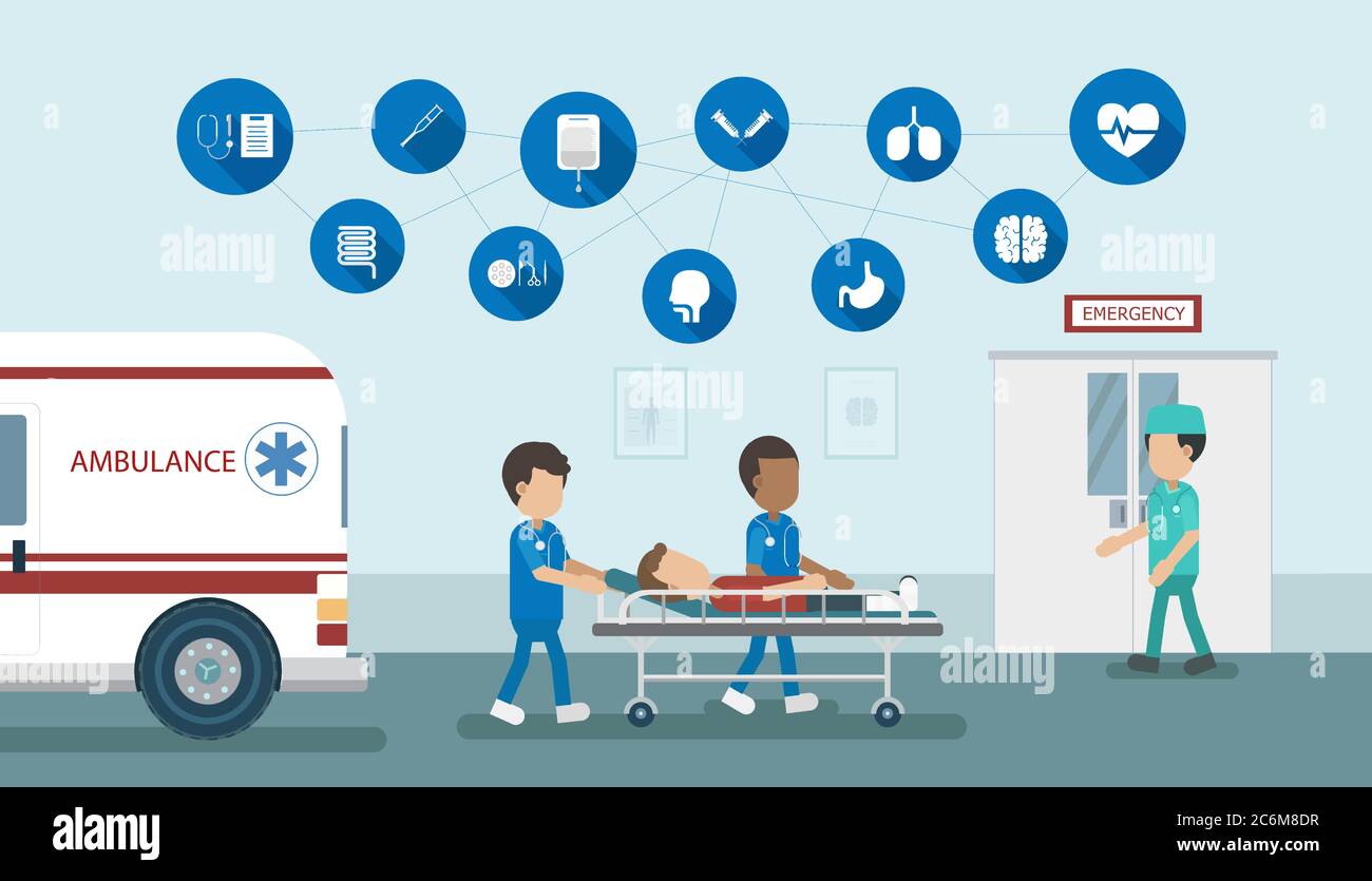 Emergency service concept with doctor and injured patient in bed flat ...