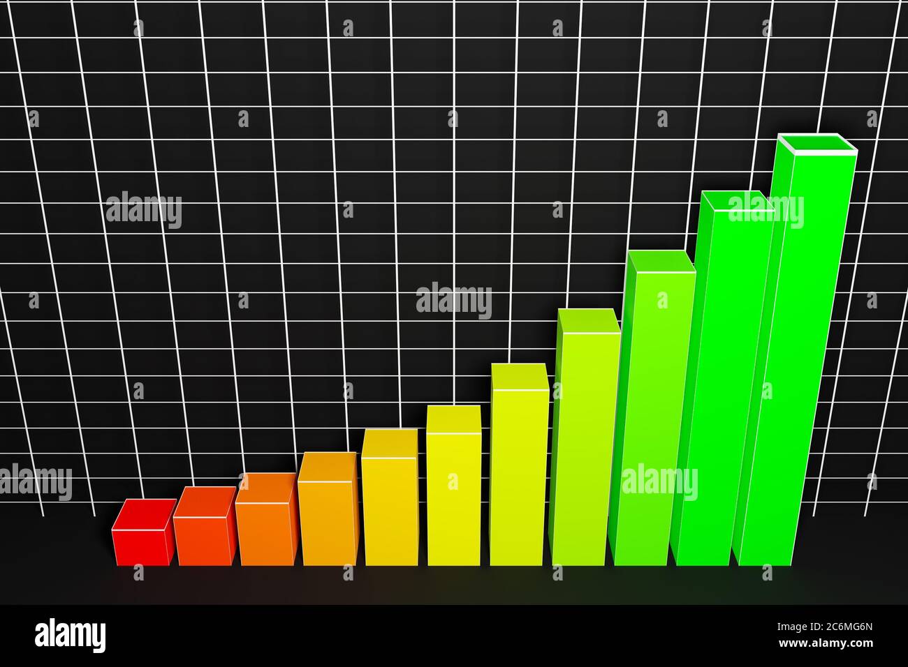 3d illustration of a bar graph with increasing columns from small to ...