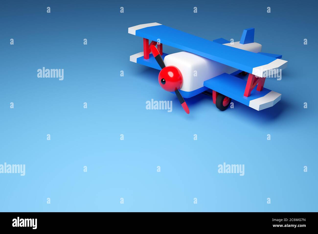 3d illustration of a blue-red airplane in cartoon style on a blue ...