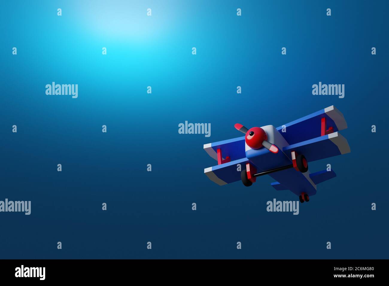 3d illustration of a blue-red airplane in cartoon style on a blue ...