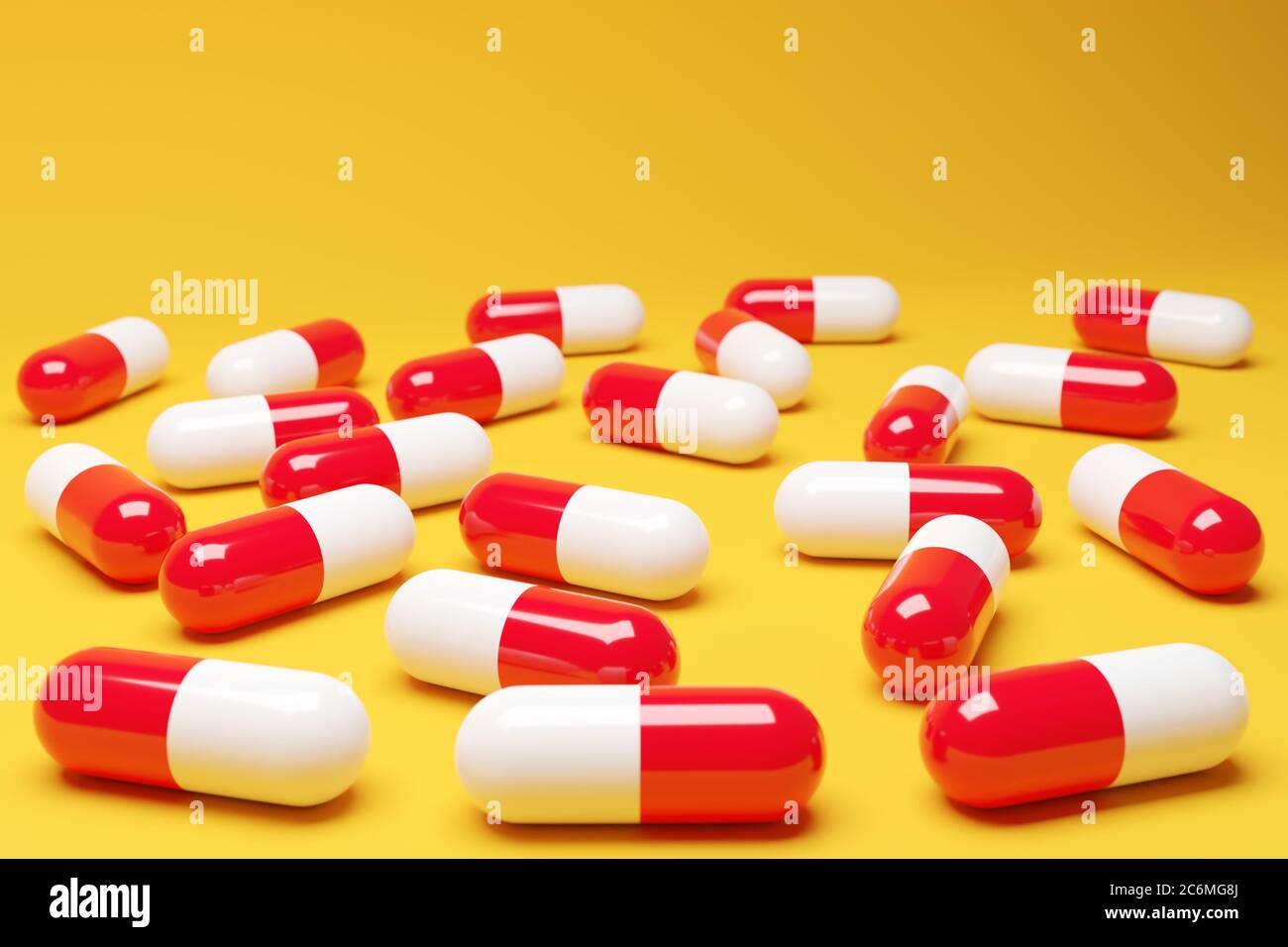 3d illustration white - red capsules pils with medicine are scattered ...