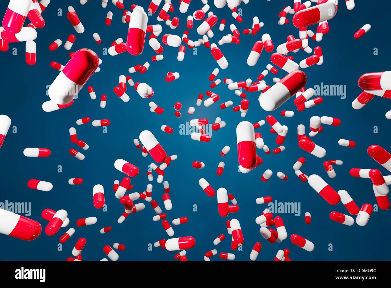 3d illustration white - red capsules pils with medicine are scattered ...