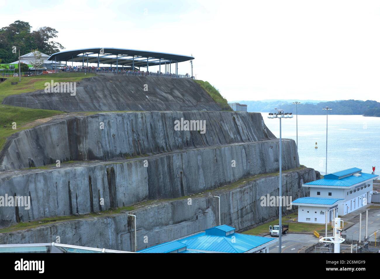 The first lock of the Panama canal from the Pacific ocean. The gateway ...