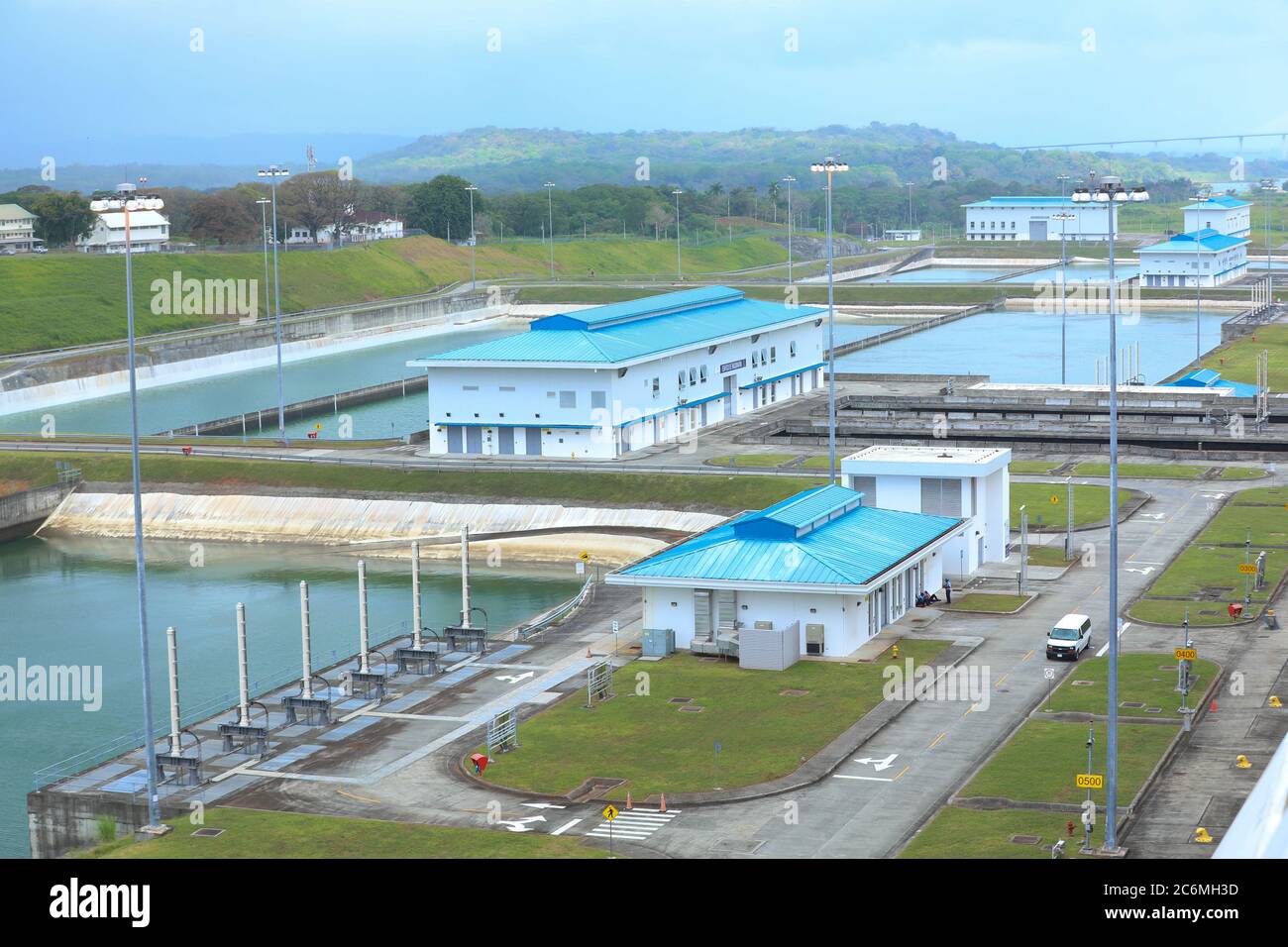 The first lock of the Panama canal from the Pacific ocean. The gateway ...